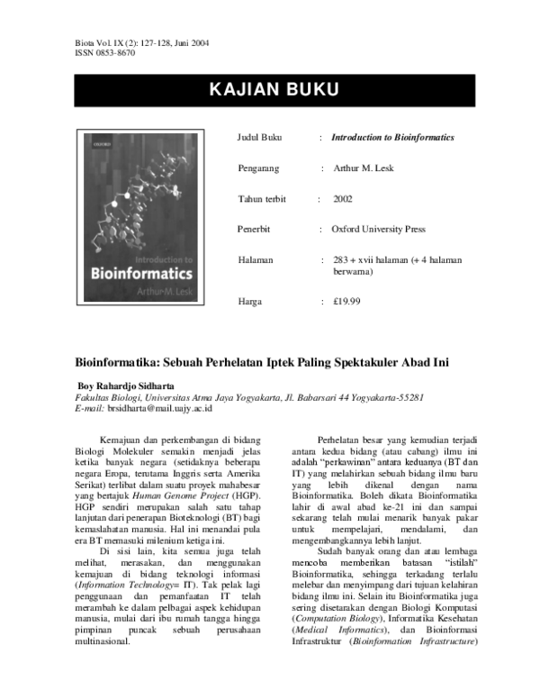 (PDF) Bioinformatika: Sebuah Perhelatan Iptek Paling Spektakuler Abad Ini (Kajian Buku)