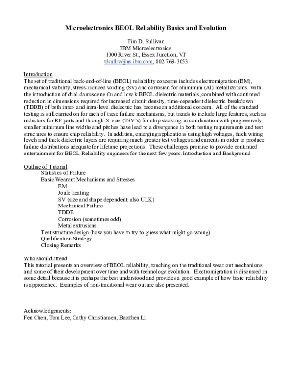 (PDF) Microelectronics BEOL reliability basics and evolution