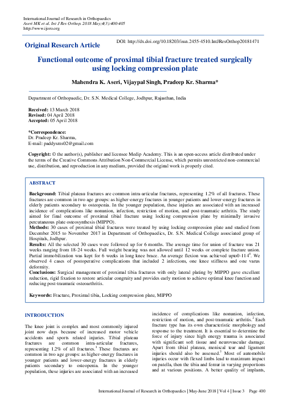(PDF) Functional outcome of proximal tibial fracture treated surgically using locking ...