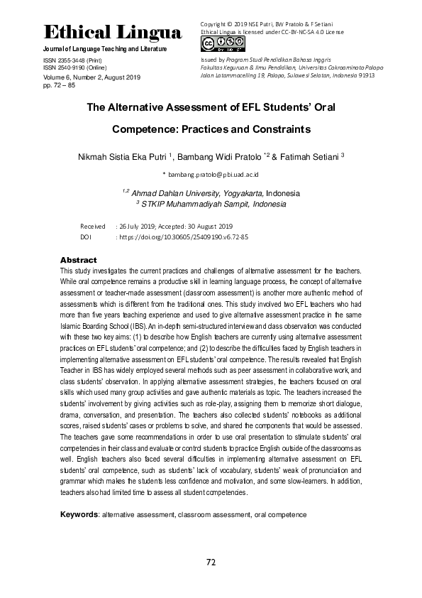 (PDF) The Alternative Assessment of EFL Students’ Oral Competence: Practices and Constraints