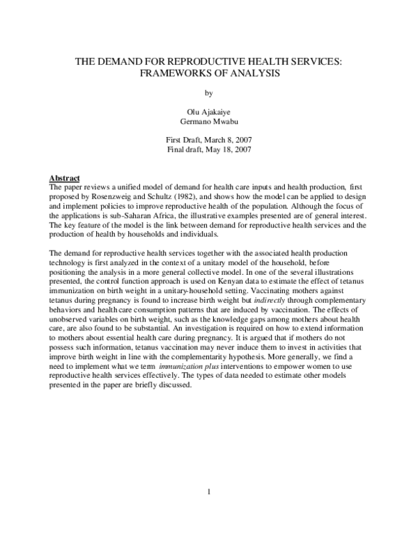 (PDF) The demand for reproductive health services: framework for analysis