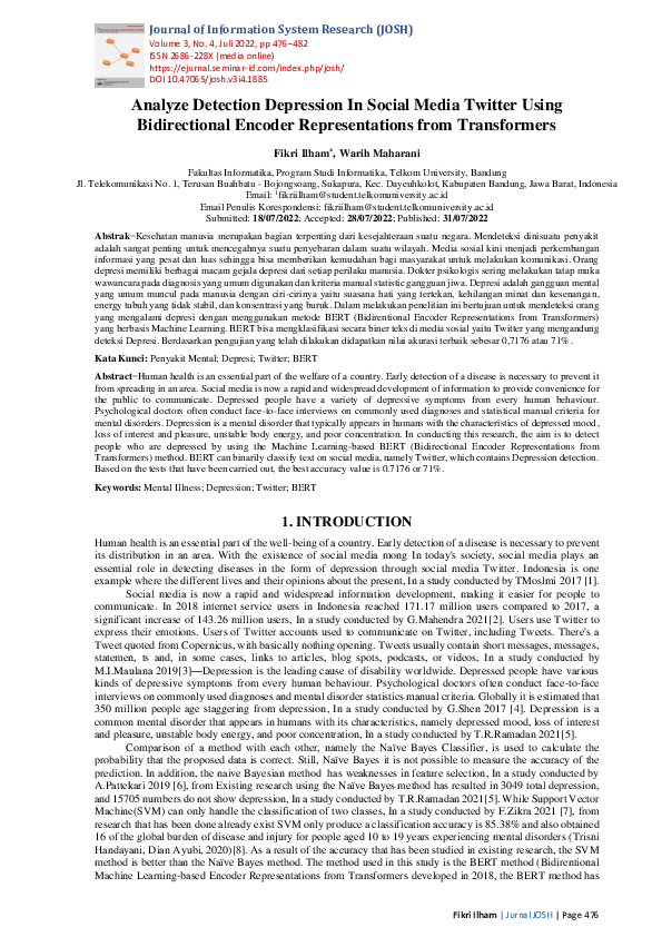 Pdf Analyze Detection Depression In Social Media Twitter Using Bidirectional Encoder