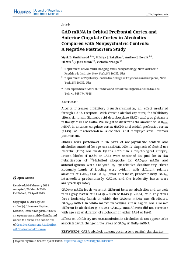 (PDF) GAD mRNA in Orbital Prefrontal Cortex and Anterior Cingulate ...