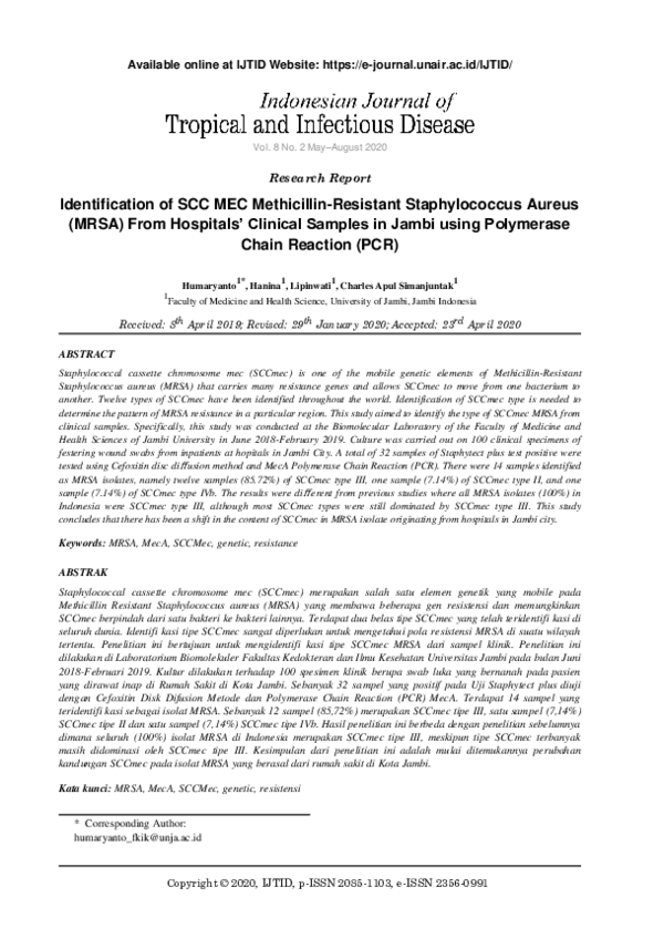 (PDF) IDENTIFICATION OF SCCMEC TYPE IN ISOLATE OF METHICILLIN RESISTANT Staphylococcus aureus ...