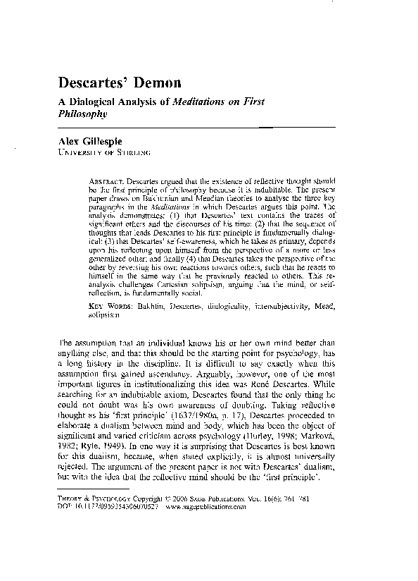 (PDF) Descartes' demon: A dialogical analysis of Meditations on First ...