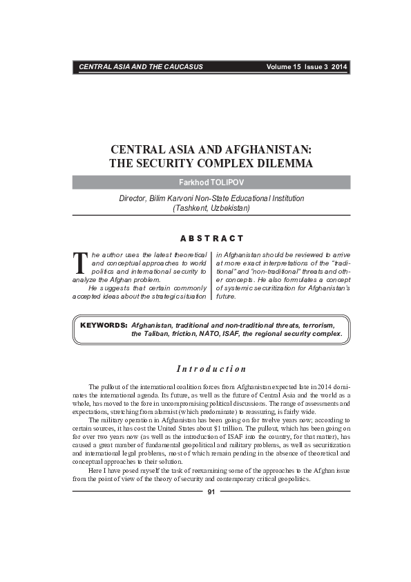 (PDF) Central Asia and Afghanistan: the security complex dilemma