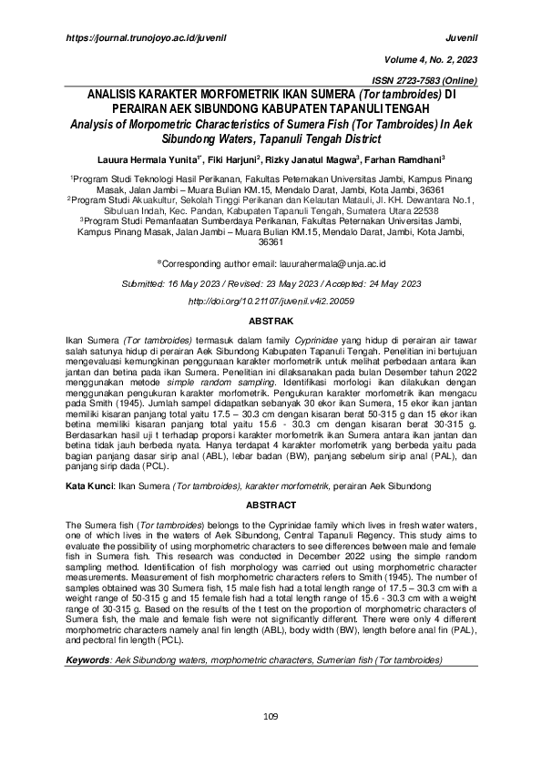 (PDF) ANALISIS KARAKTER MORFOMETRIK IKAN SUMERA (Tor tambroides) DI PERAIRAN AEK SIBUNDONG ...