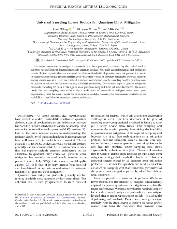 (PDF) Universal Sampling Lower Bounds for Quantum Error Mitigation | Mba I . Michael and Mile Gu ...
