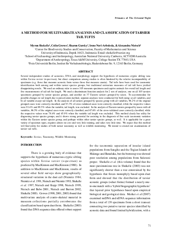 (PDF) A method for multivariate analysis and classification of tarsier tail tufts
