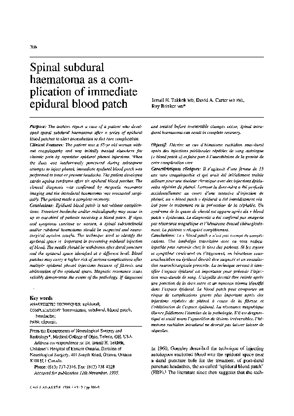 (PDF) Spinal subdural haematoma as a complication of immediate epidural ...