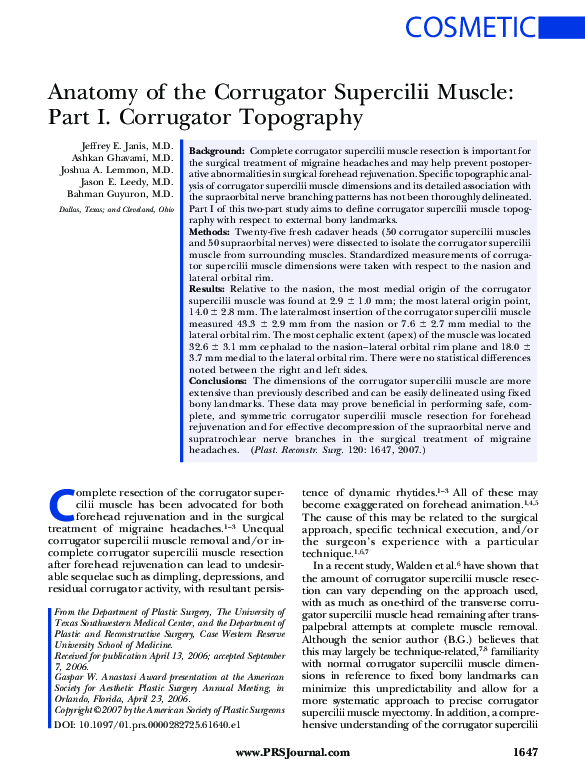 (PDF) Anatomy of the corrugator supercilii muscle: part I. Corrugator ...
