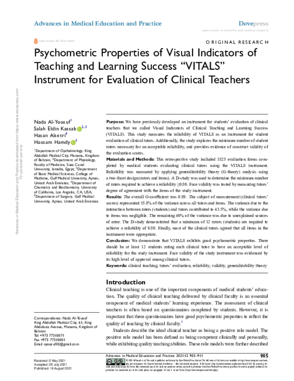 (PDF) Psychometric Properties of Visual Indicators of Teaching and ...