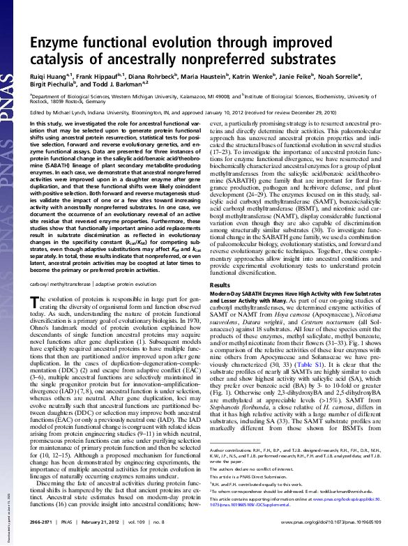(PDF) Enzyme functional evolution through improved catalysis of ancestrally nonpreferred ...