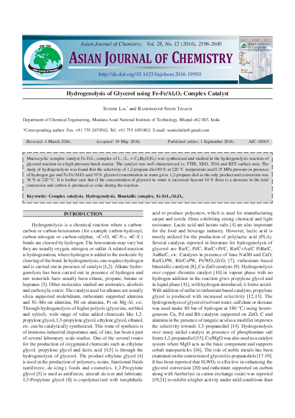 (PDF) Hydrogenolysis of Glycerol using Fe-Fe/Al2O3 Complex Catalyst
