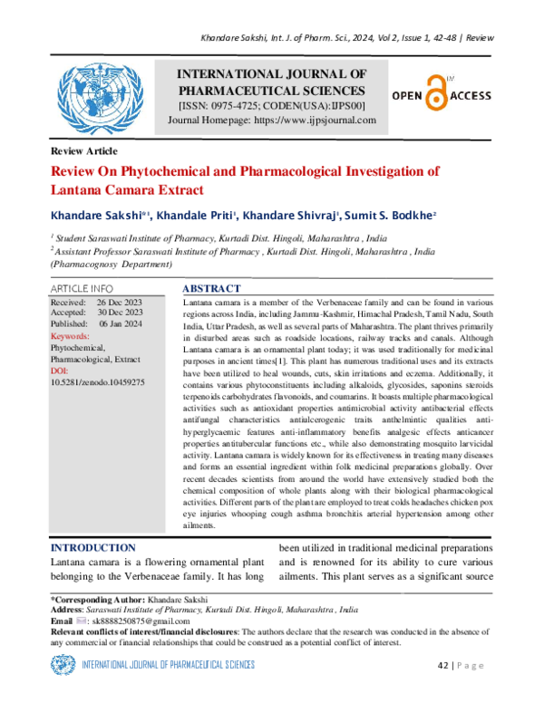 (PDF) Review On Phytochemical and Pharmacological Investigation of Lantana Camara Extract