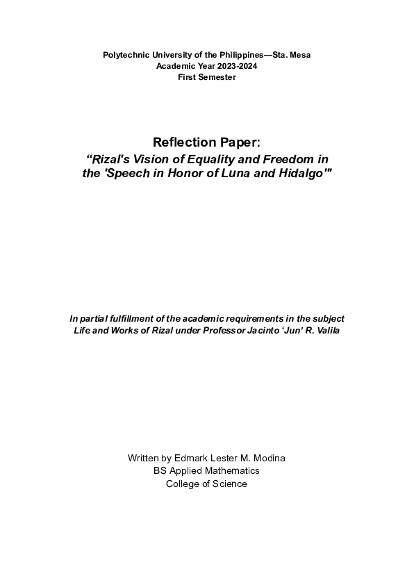 (PDF) Reflection Paper: "Speech in Honor of Luna and Hidalgo" by Jose P. Rizal