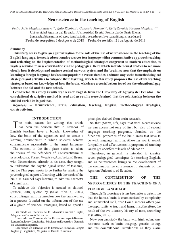 (PDF) Neuroscience in the teaching of English