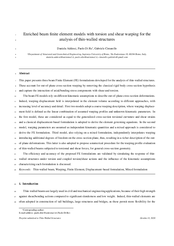 Pdf Enriched Beam Finite Element Models With Torsion And Shear