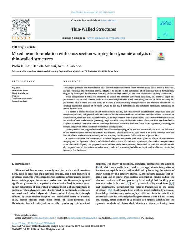 (PDF) Mixed beam formulation with cross-section warping for dynamic ...