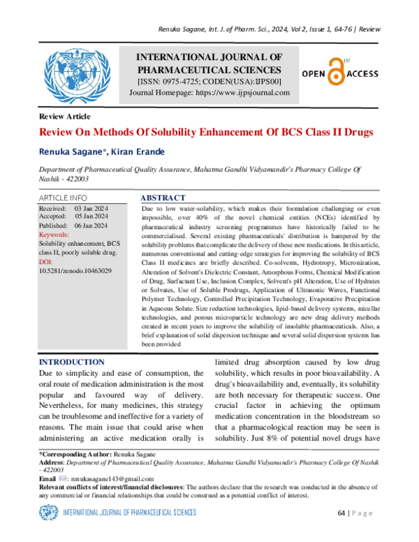 (PDF) Review On Methods Of Solubility Enhancement Of BCS Class II Drugs