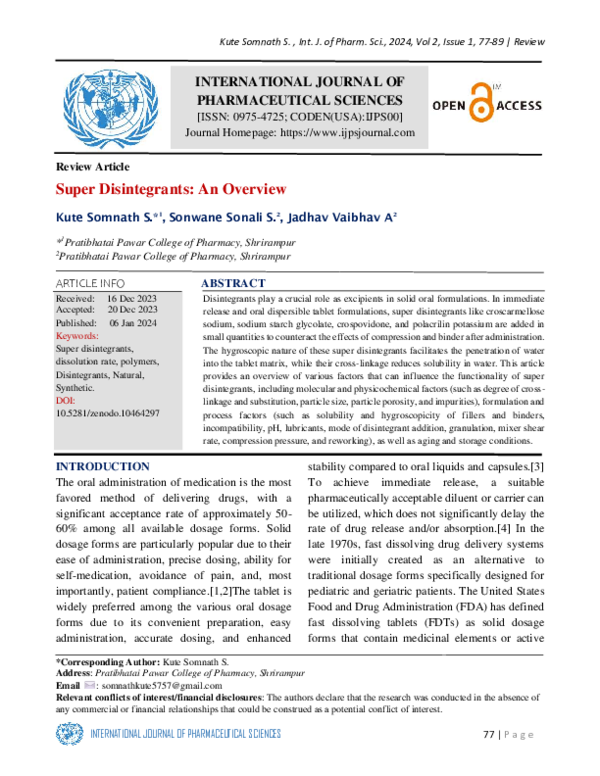(PDF) Super Disintegrants: An Overview