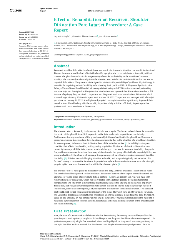 (PDF) Effect of Rehabilitation on Recurrent Shoulder Dislocation Post ...