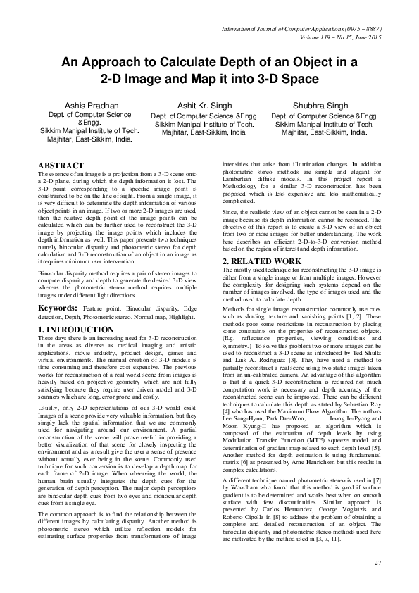 Pdf An Approach To Calculate Depth Of An Object In A 2 D Image And 7496
