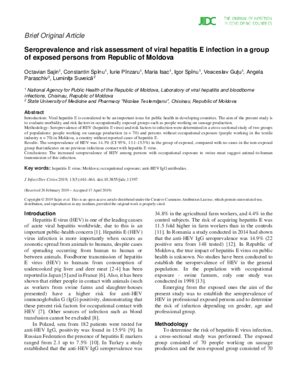 (PDF) Seroprevalence and risk assessment of viral hepatitis E infection ...
