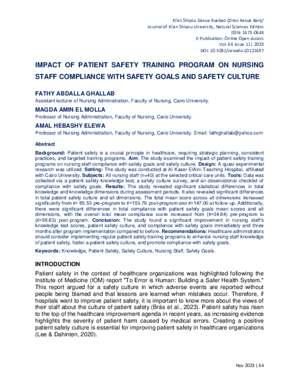 (PDF) IMPACT OF PATIENT SAFETY TRAINING PROGRAM ON NURSING STAFF ...