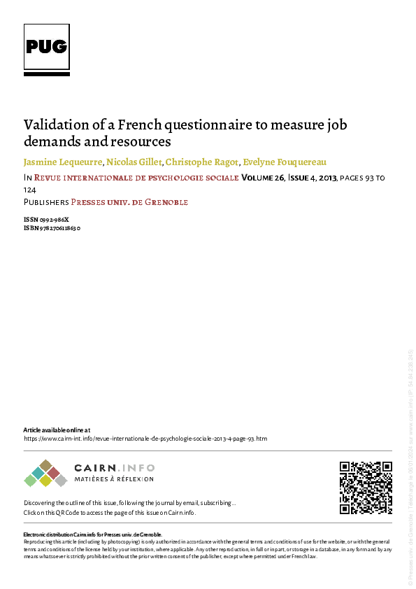 (PDF) Validation of a French questionnaire to measure job demands and ...