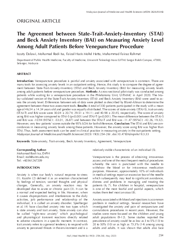 (PDF) The Agreement between State-Trait-Anxiety-Inventory (STAI) and ...