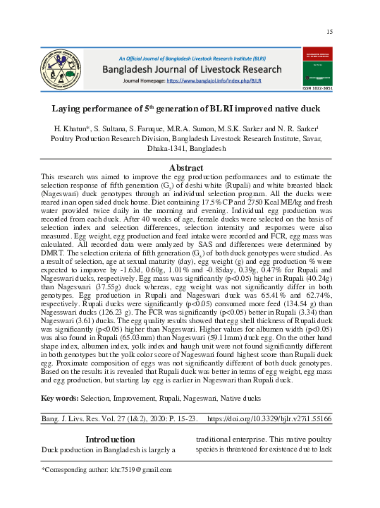 (PDF) Laying performance of 5th generation of BLRI improved native duck