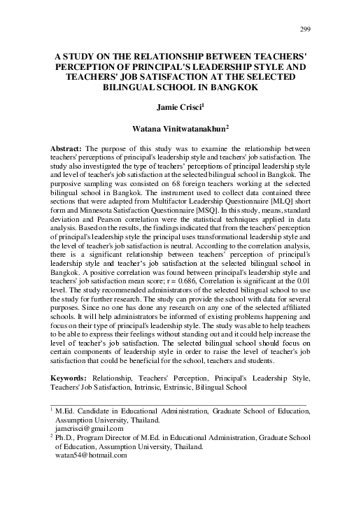 (PDF) Teachers' Perceptions of Leadership and Job Satisfaction in Bangkok