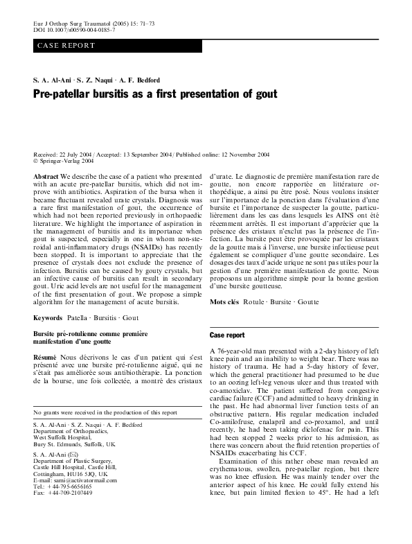 (PDF) Pre-patellar bursitis as a first presentation of gout