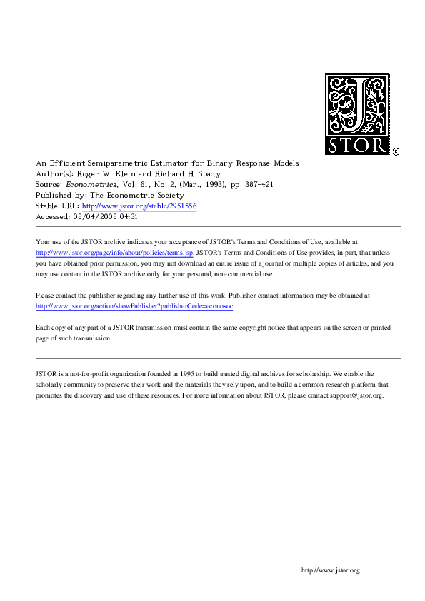 Pdf An Efficient Semiparametric Estimator For Binary Response Models