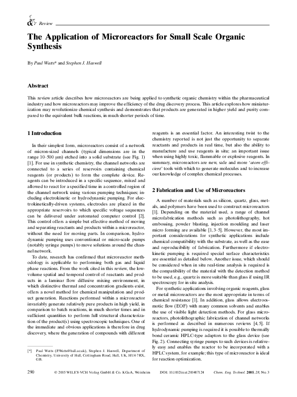 (PDF) The Application of Microreactors for Small Scale Organic Synthesis
