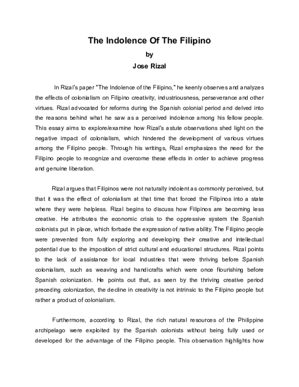 (PDF) The Indolence Of The Filipino by Jose Rizal