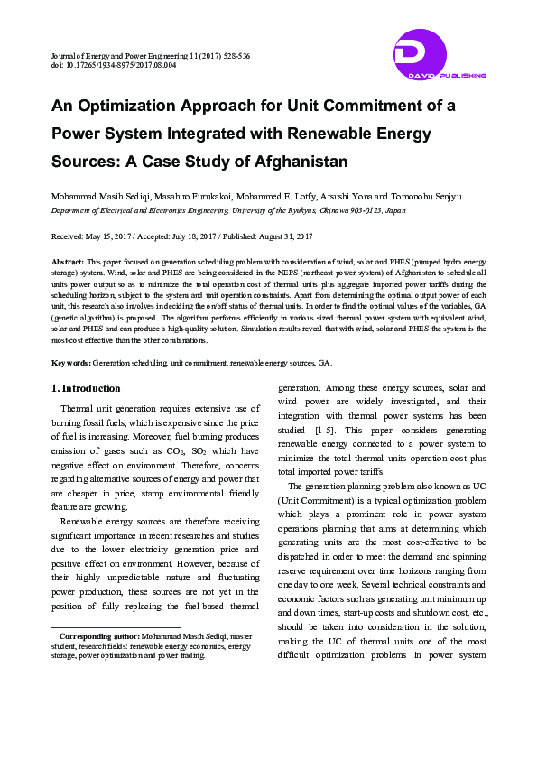 (PDF) An Optimization Approach for Unit Commitment of a Power System Integrated with Renewable ...