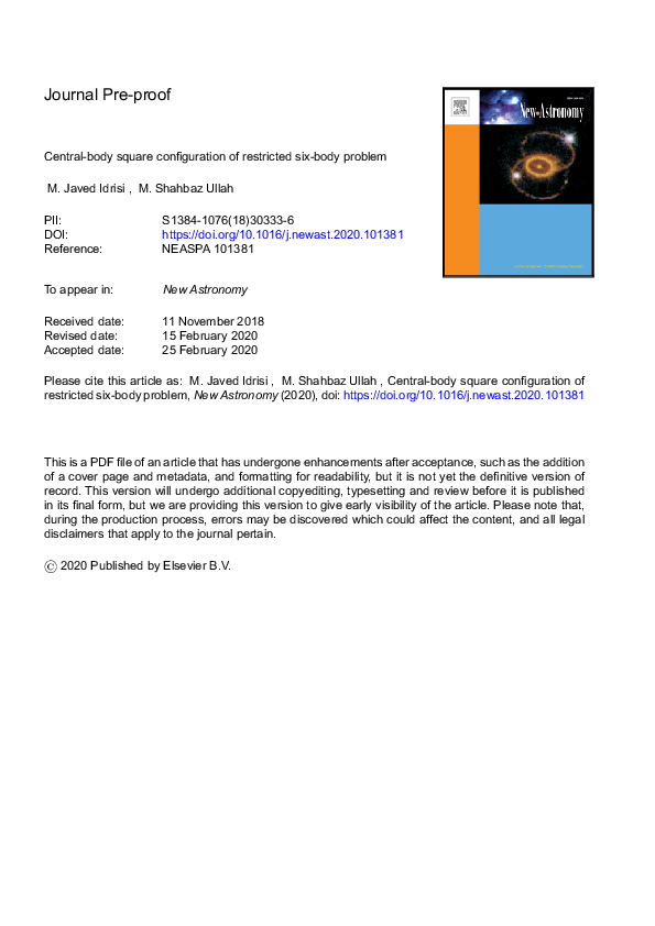 (PDF) Central-body square configuration of restricted six-body problem