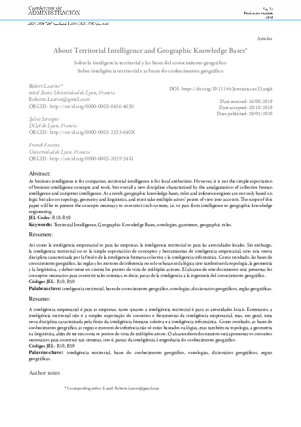 (PDF) About Territorial Intelligence and Geographic Knowledge Bases