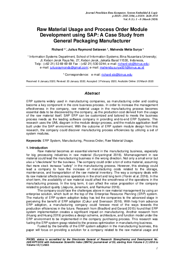 (PDF) Raw Material Usage and Process Order Module Development using SAP ...