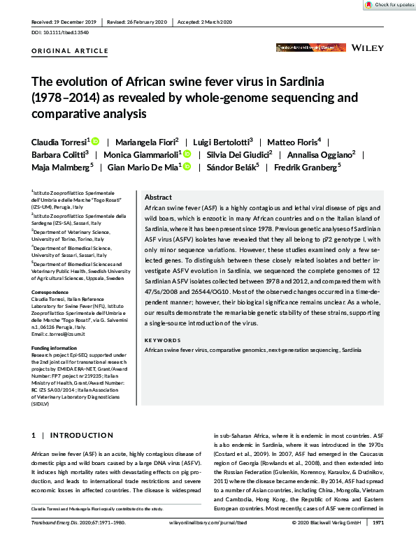 (PDF) The evolution of African swine fever virus in Sardinia (1978 to ...