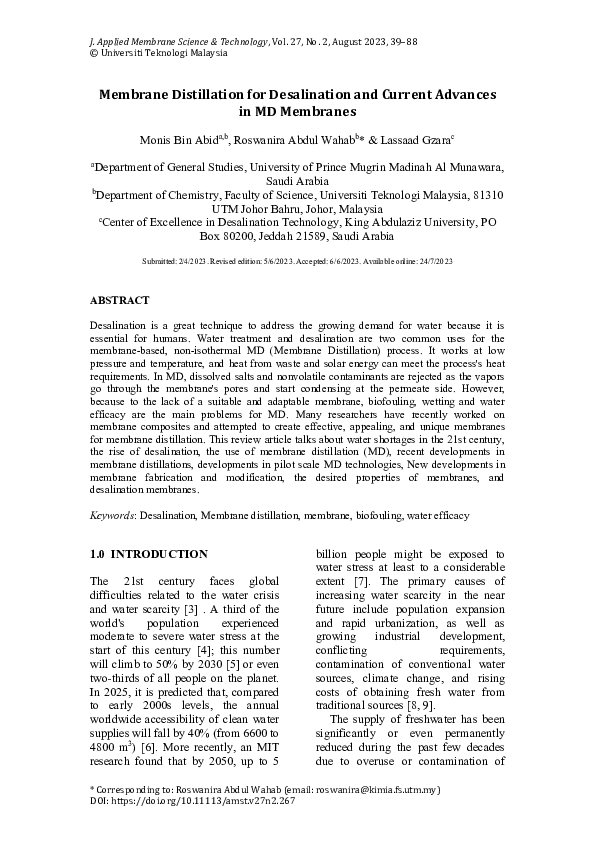 (PDF) Membrane Distillation for Desalination and Current Advances in MD ...