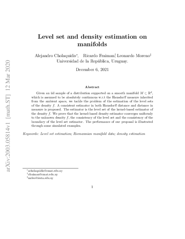 (PDF) Level Set and Density estimation on Manifolds