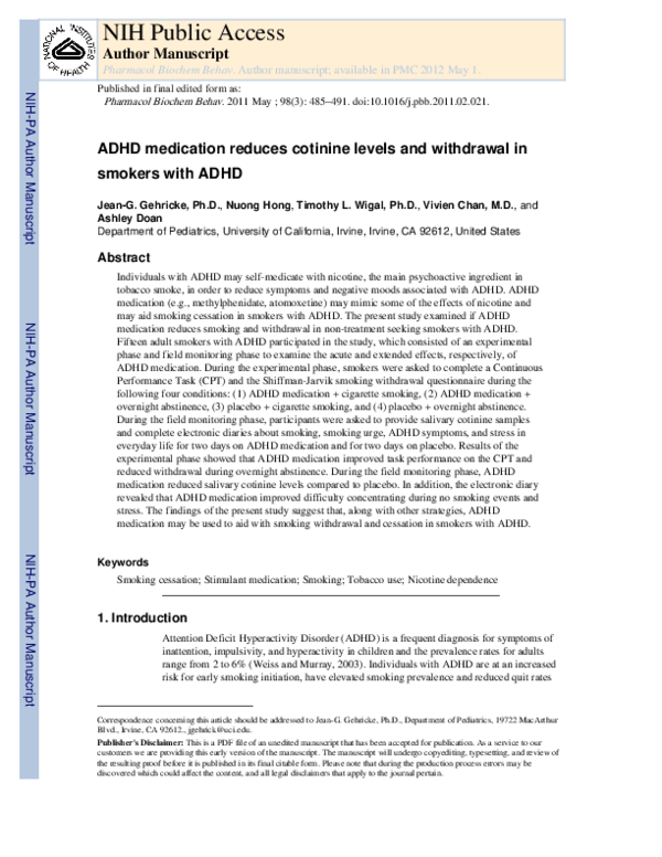 (PDF) ADHD medication reduces cotinine levels and withdrawal in smokers ...