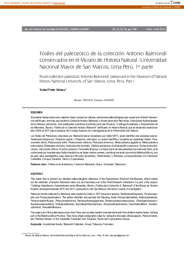 (PDF) Fósiles del paleozoico de la colección Antonio Raimondi conservados en el Museo de ...