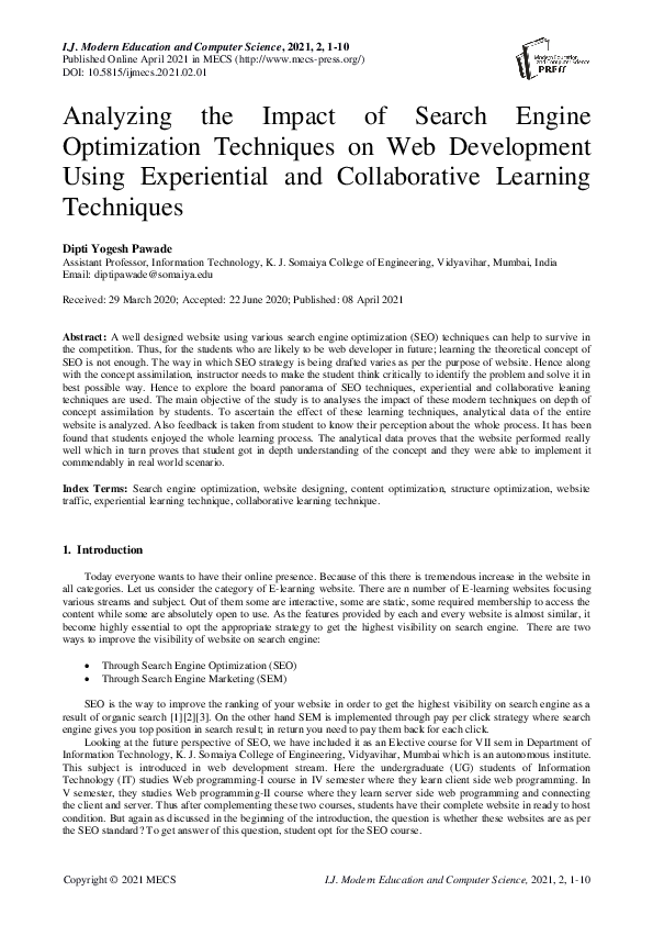 (PDF) Analyzing the Impact of Search Engine Optimization Techniques on Web Development Using ...