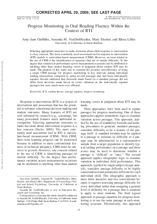 (PDF) “Progress monitoring in oral reading fluency within the context of RTI”: Correction