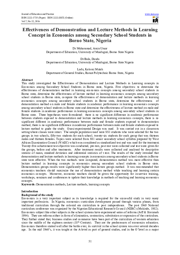 (PDF) Effectiveness of Demonstration and Lecture Methods in Learning Concept in Economics among ...