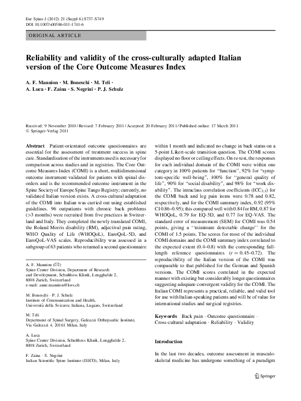 (PDF) Reliability and validity of the cross-culturally adapted Italian version of the Core ...